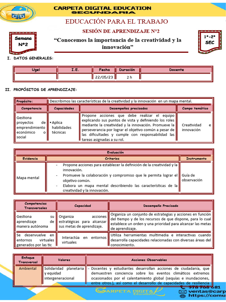 1°-2° Sesión de Aprendizaje Sesión 2-Sem.2-Exp.3-Educacion para El Trabajo | Descargar gratis ...
