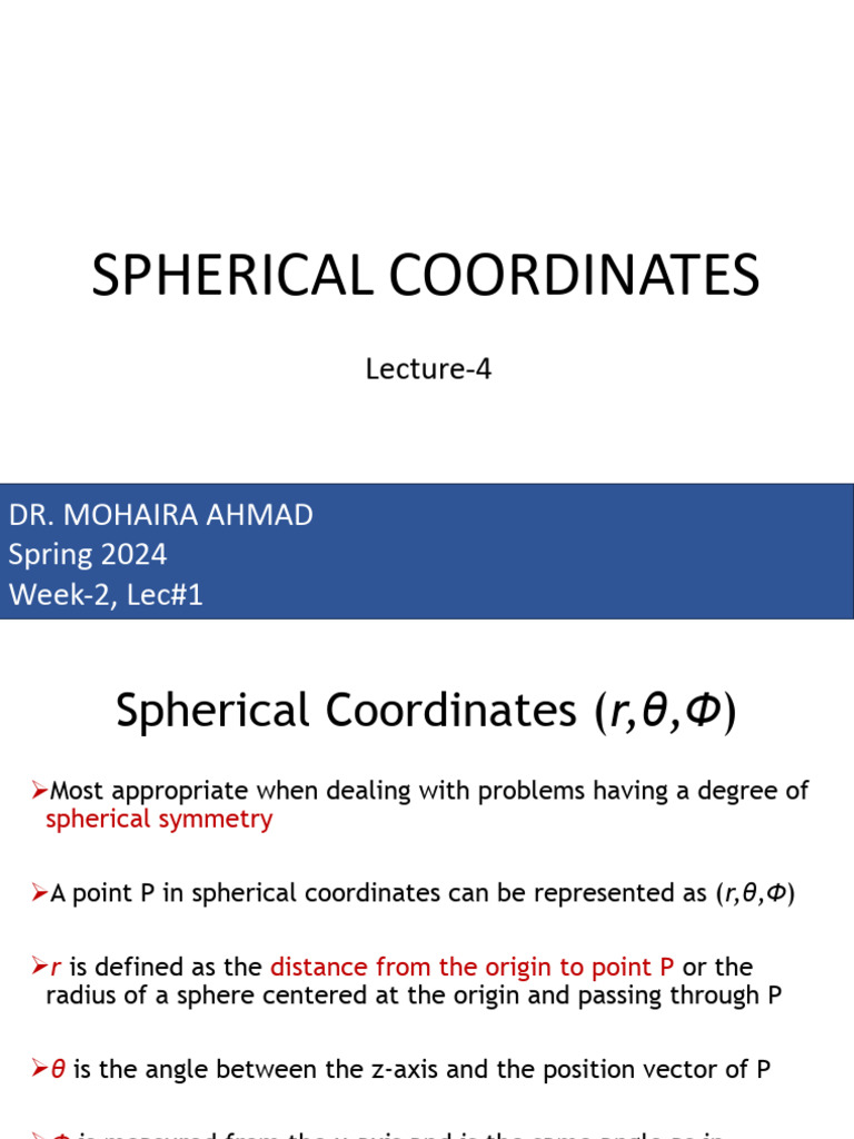 Lecture 4 Spherical Coordinates Pdf Coordinate System Euclidean Vector