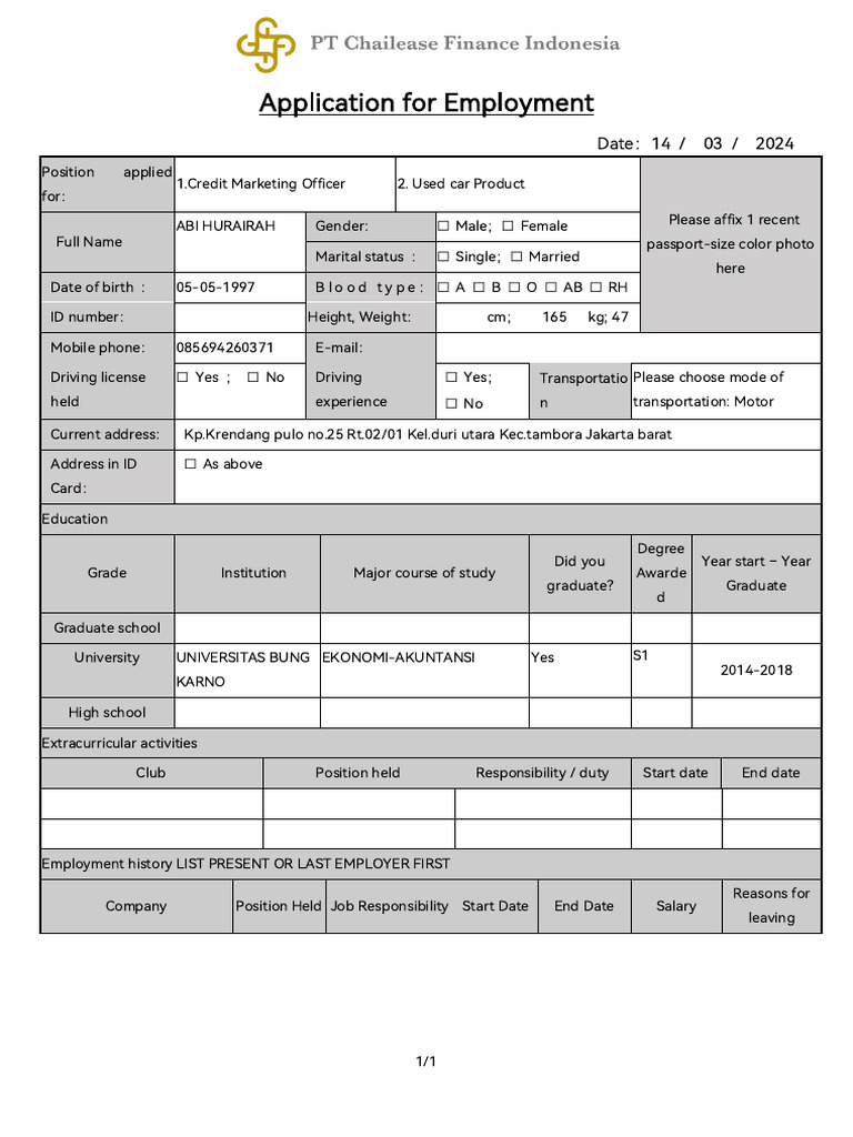 Application Form For Employment | PDF