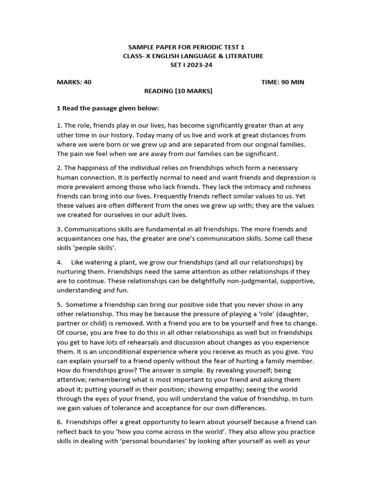 Eng Lang & Lit Class-10th PT-1, Set-1 2023-24 | PDF | Friendship ...
