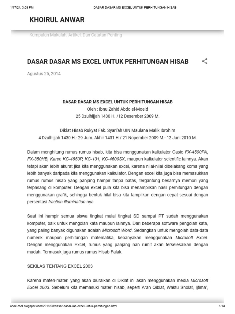 Dasar Dasar MS Excel Untuk Perhitungan Hisab | PDF