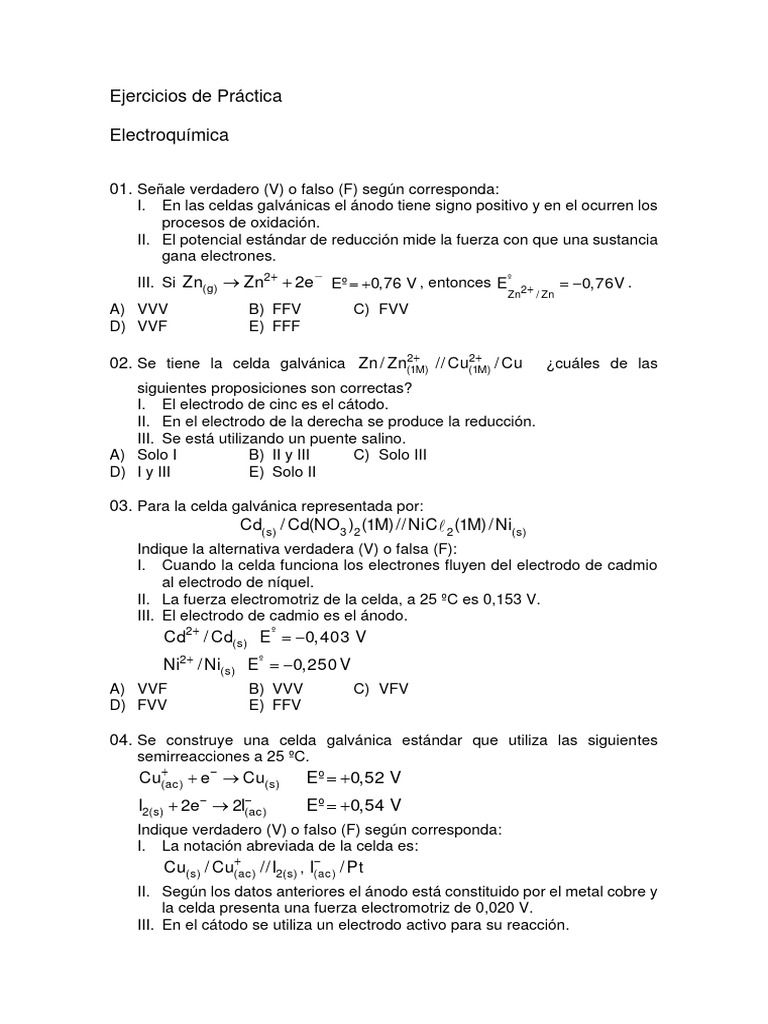 Ejercicios de Práctica. Electroquímica | PDF | Electrodo | Sustancias químicas