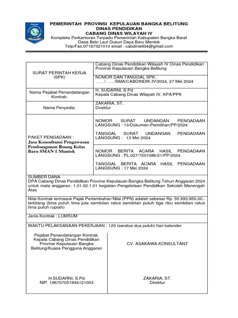SPK (Kontrak) Pengawasan Pembangunan Ruang Kelas Baru SMA Negeri 1 Muntok | PDF
