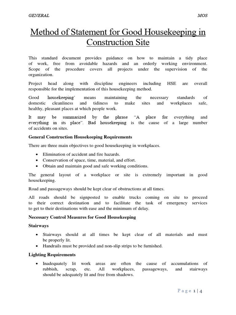 Method of Statement For Good Housekeeping in Construction Site | PDF ...