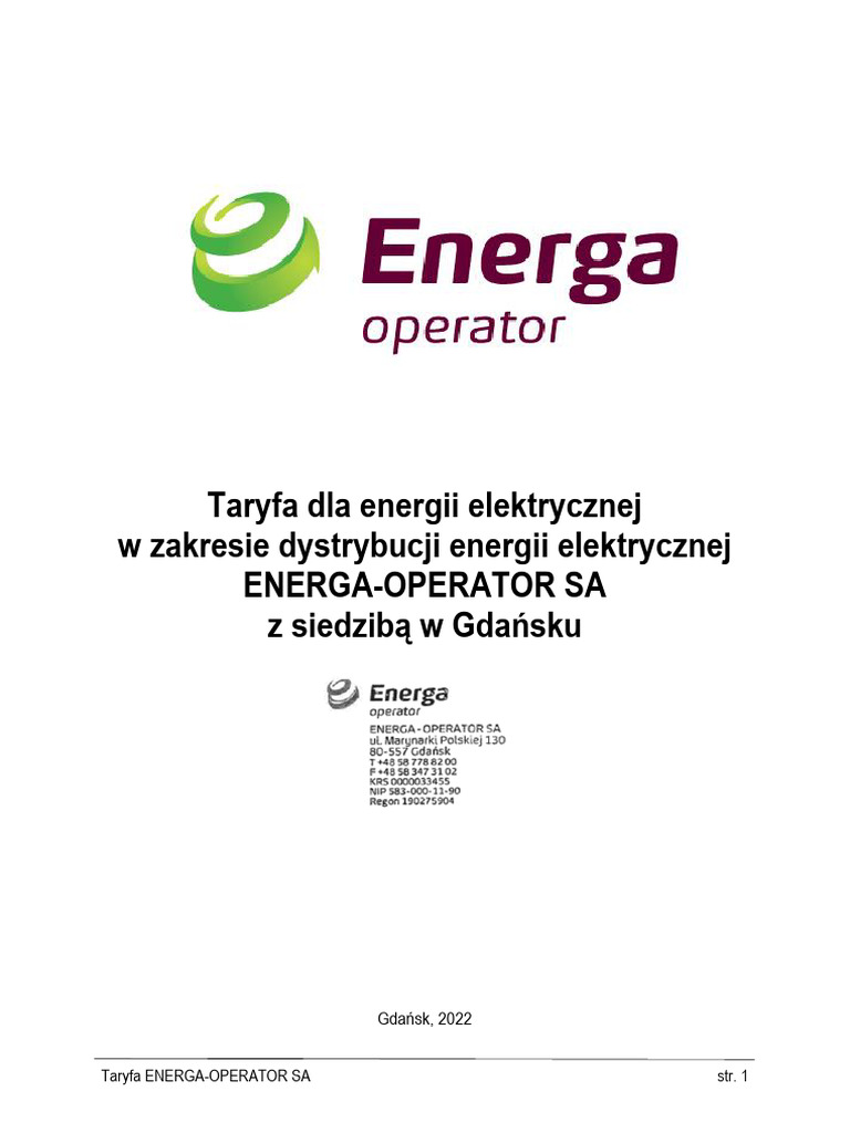 Taryfa Energa Operator Sa Na 2022 R | PDF