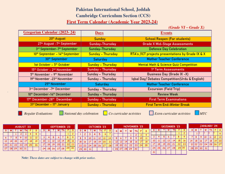 Upd - First Term Calendar CCS - Grade6-Grade-10 (Session 2023-24) | PDF