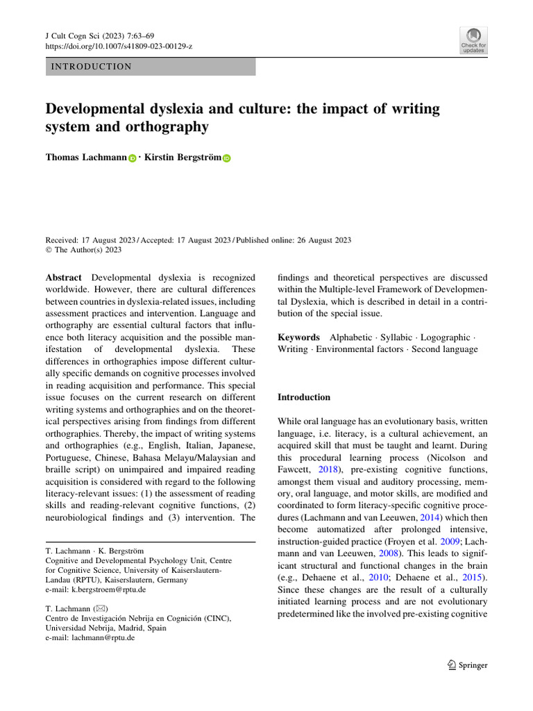 Developmental Dyslexia and Culture The Impact of Writing System and ...