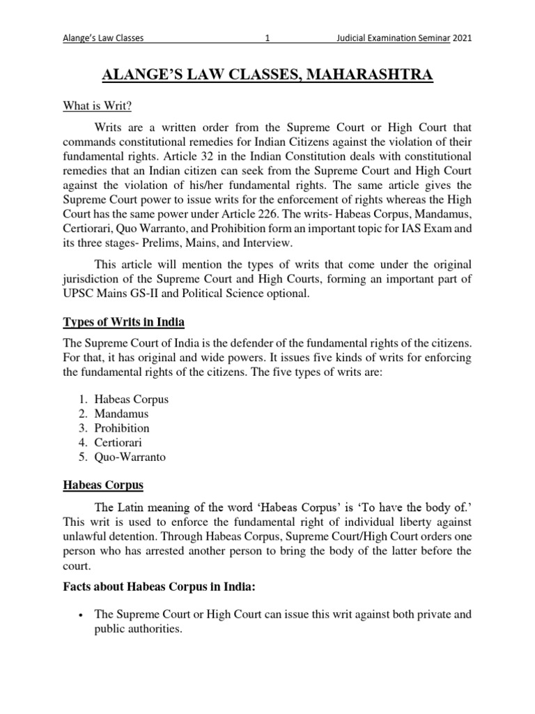 Law of Writs | PDF | Writ | Habeas Corpus