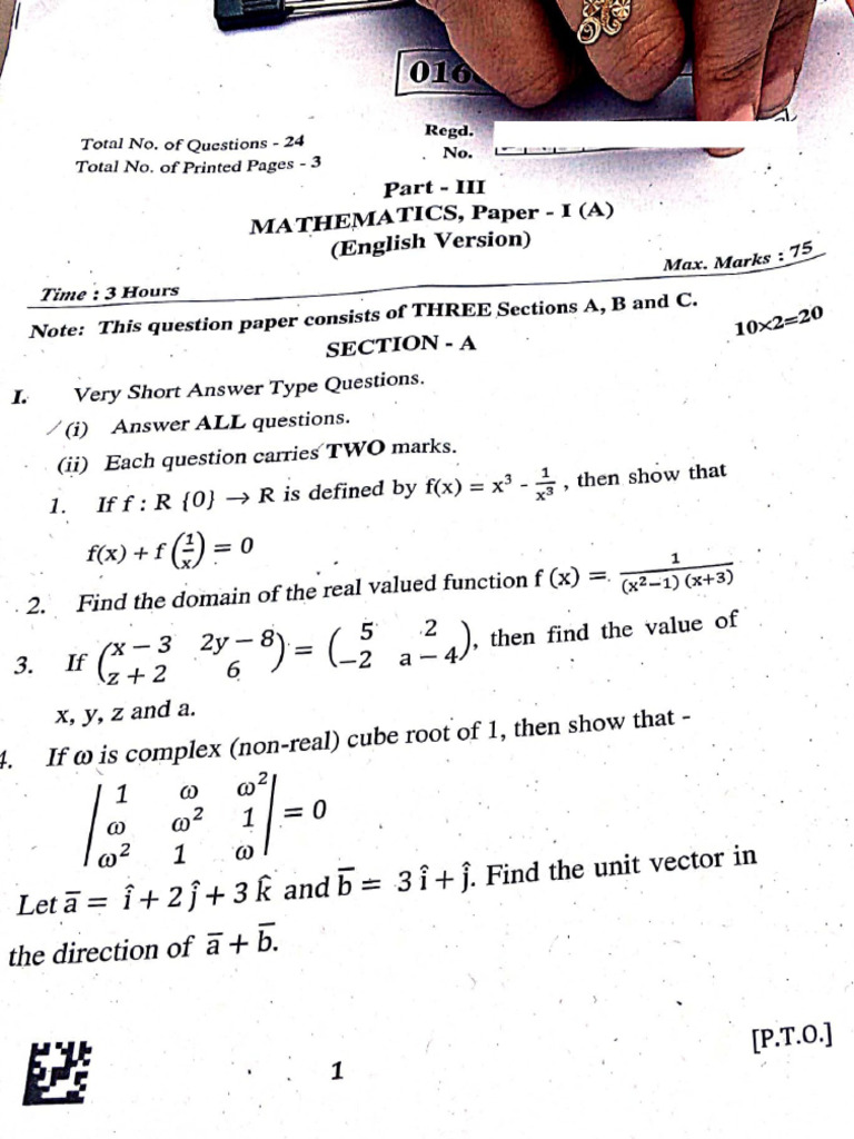 TS Inter 1st Year Maths 1A Mar 2024 qp-1 | PDF