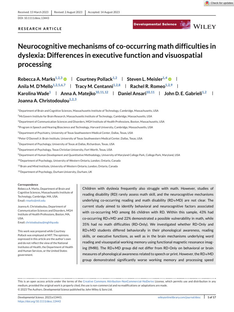 Neurocognitive Mechanisms of Co-Occurring Math Difficulties in FONTOS | PDF | Working Memory ...
