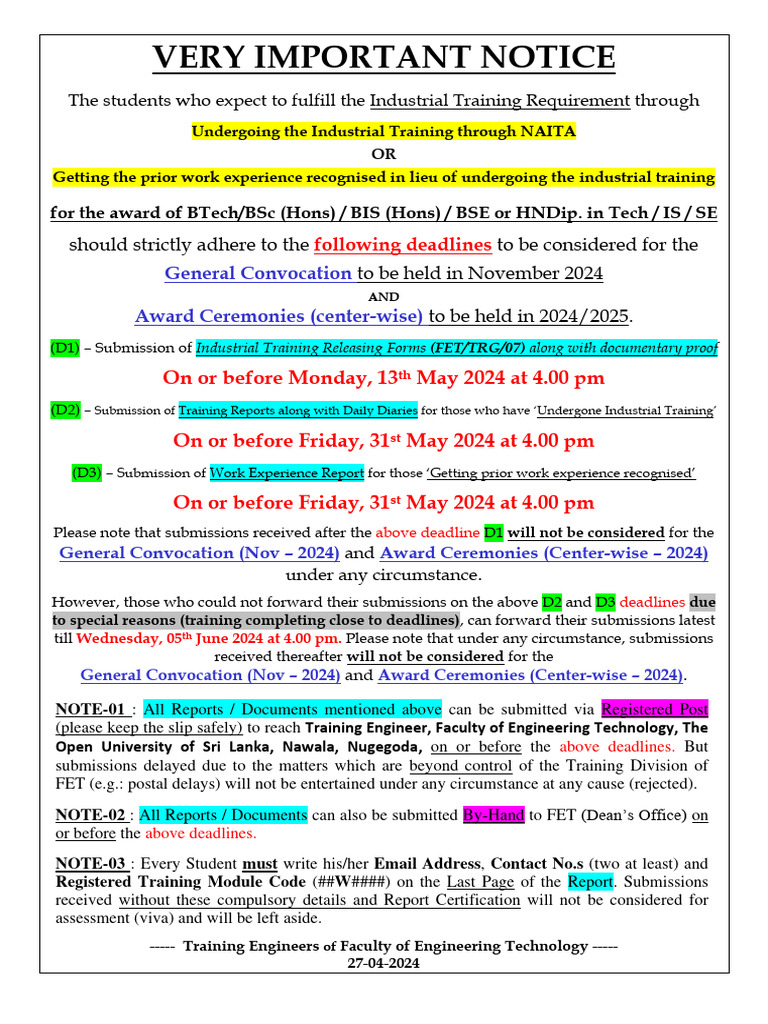 Industrial Training Submission Deadlines 2024 | PDF