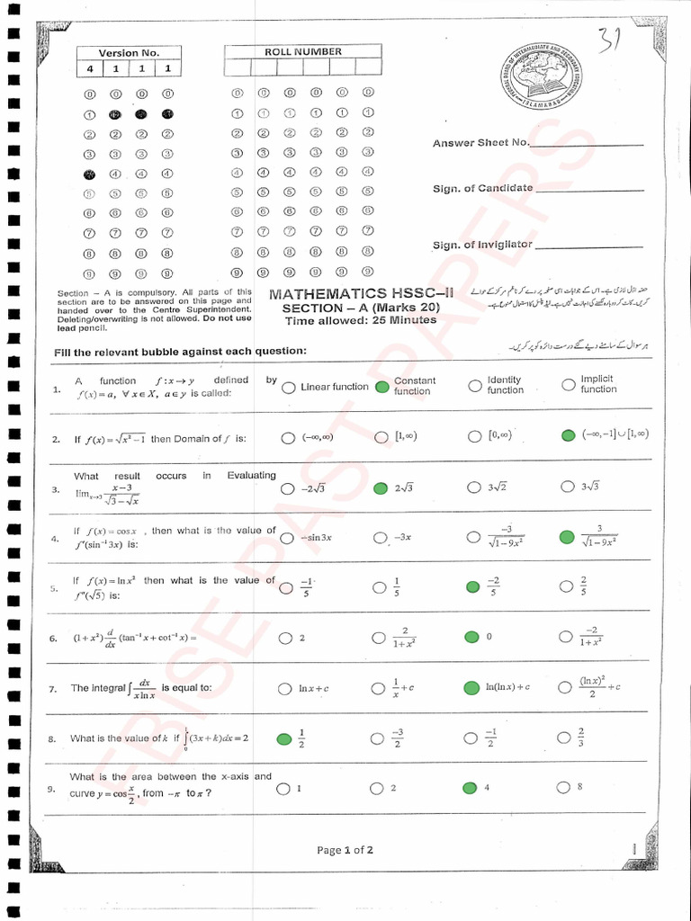 Class 12 Mathematics Fbise Past Paper 2022 Local | PDF