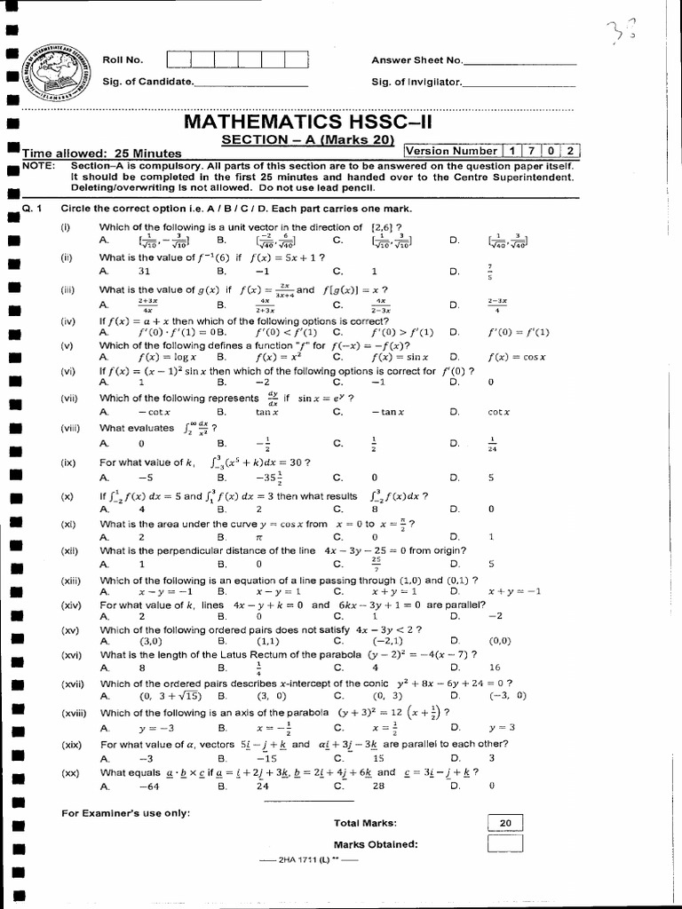 Class 12 Mathematics Past Paper 2017 | PDF