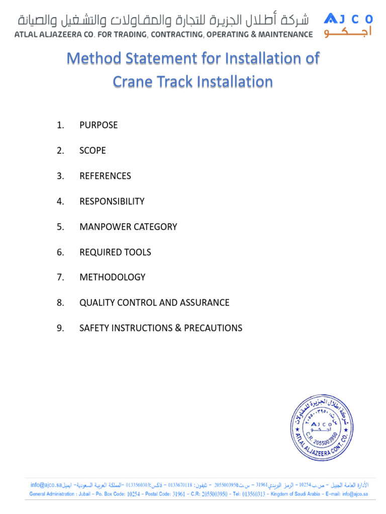 Method Statement Crane Track Installation | PDF | Screw | Concrete