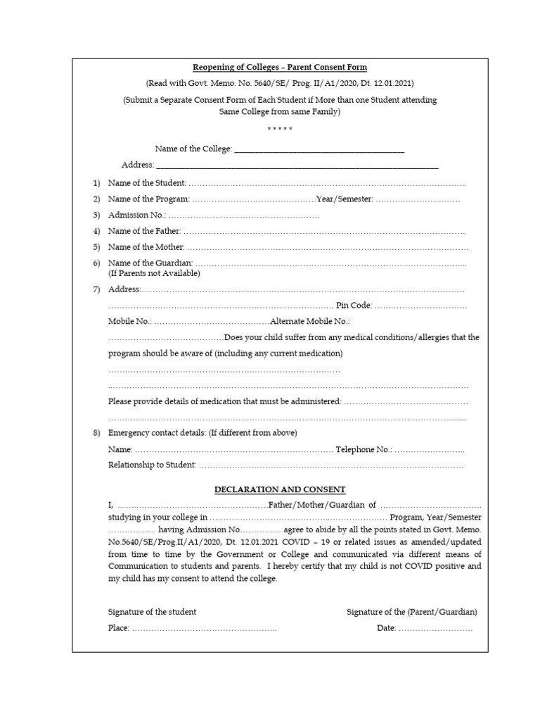 College Reopening Parent Consent Form | PDF