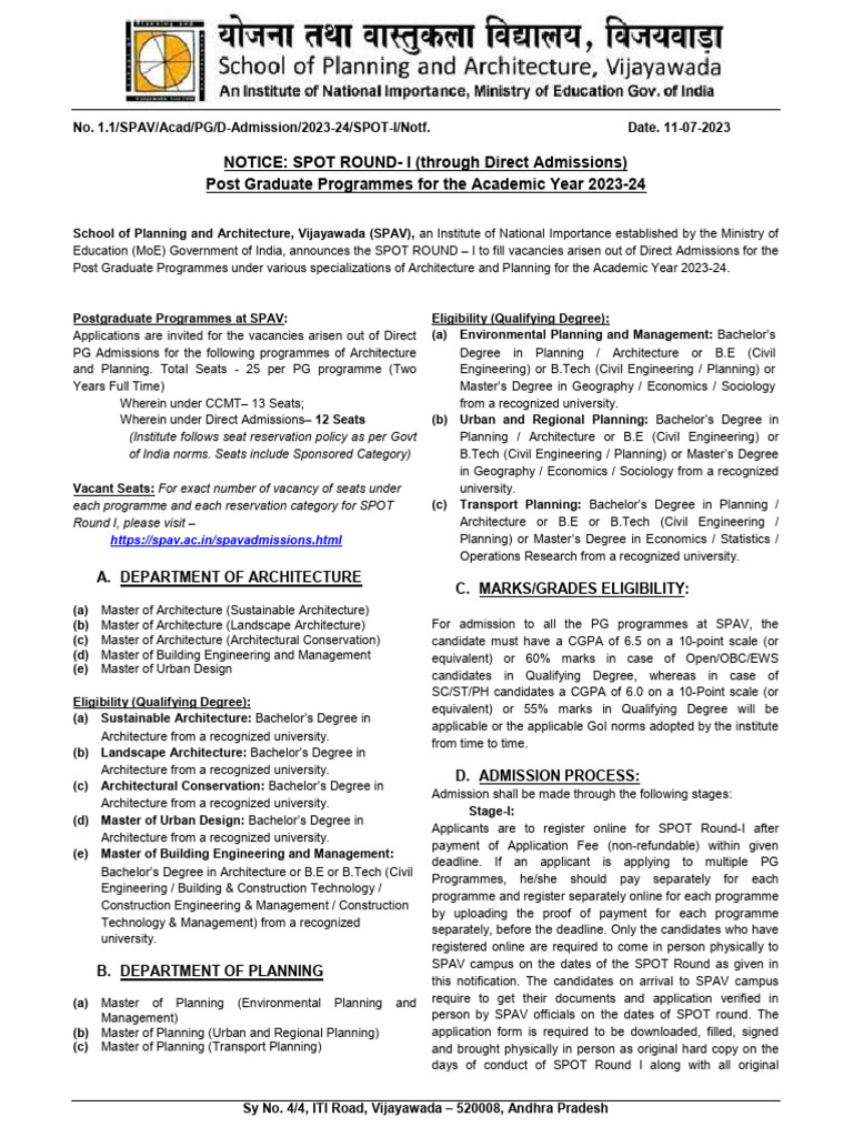 SPOT Round I PG SPAV - Notification 11.07.2023 | PDF | Academic Degree