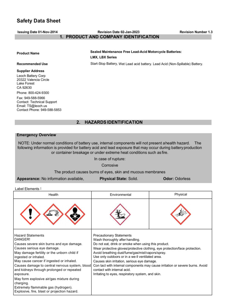 Leoch MSDS SDS Wet Charged Batteries English | PDF | Waste | Hazardous ...