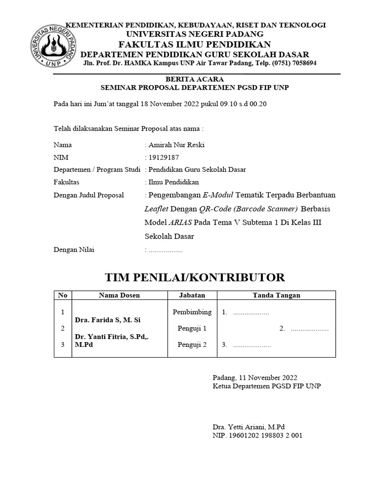 Berita Acara Seminar PROPOSAL Indra 19129025 Salinan | PDF