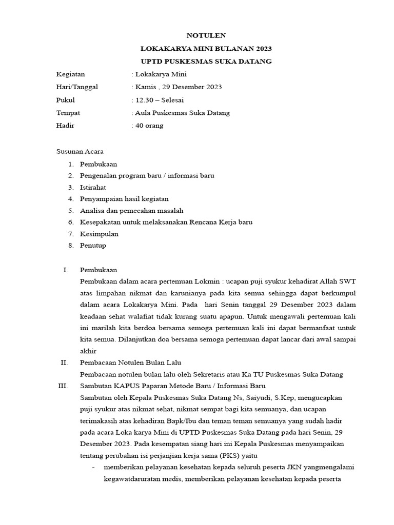 Notulen Lokakarya Mini Puskesmas 2023 | PDF | Bisnis | Pengelolaan Keuangan & Uang