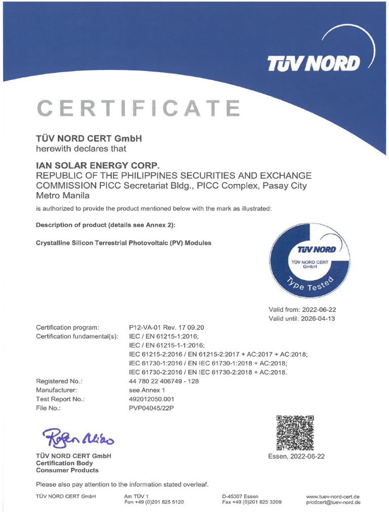 IAN Solar Panel Certification | PDF