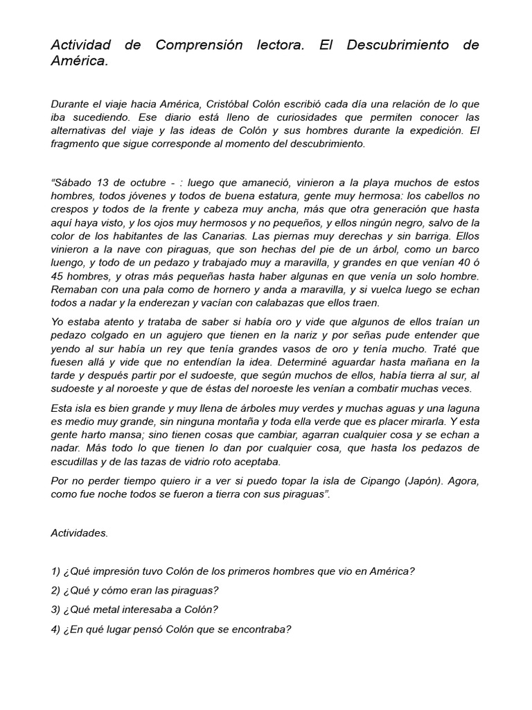 Comprensión Lectora Descubrimiento América | PDF