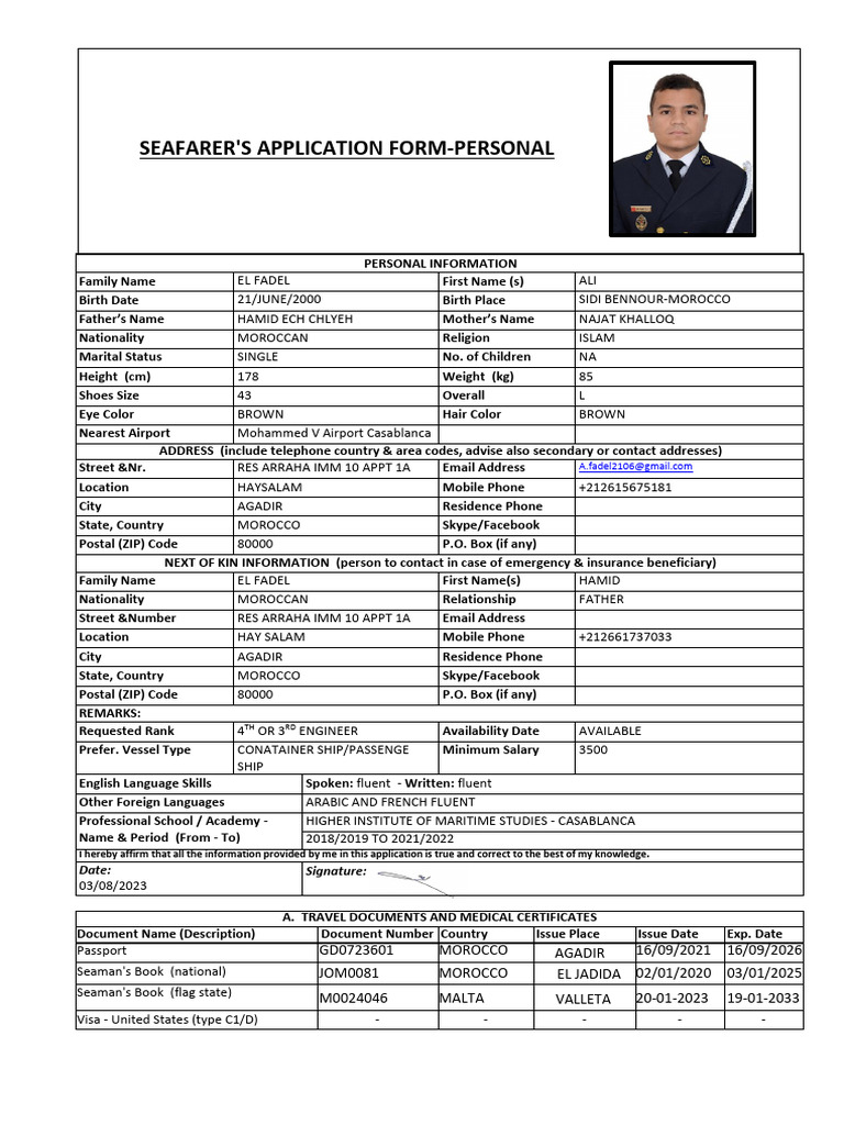Application Form | PDF | Sailor | Shipping