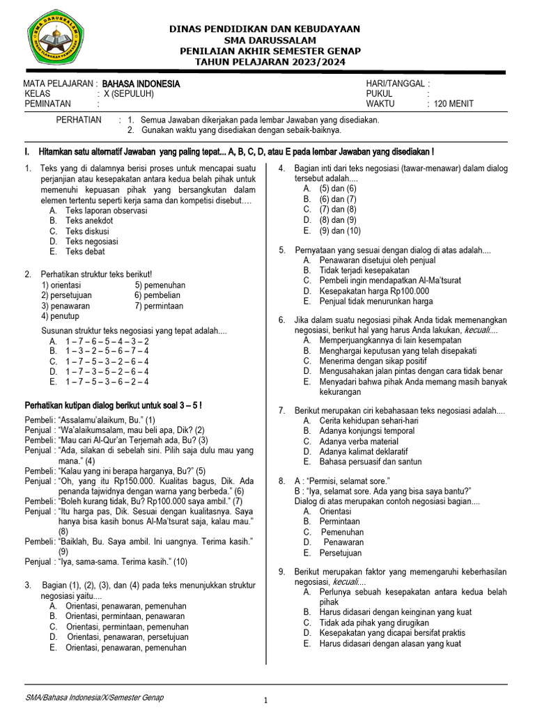 Dinas Pendidikan Dan Kebudayaan Sma Darussalam Penilaian Akhir Semester ...