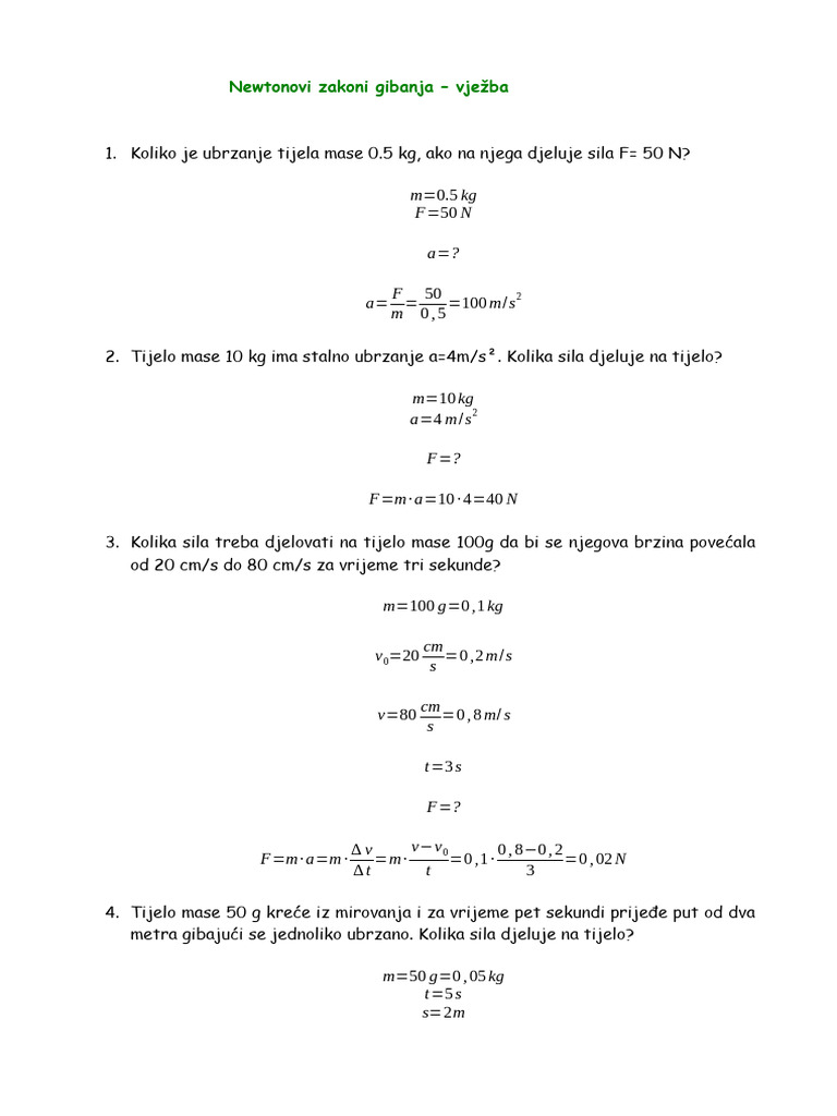 Newtonovi Zakoni Gibanja - Vježba (Rješenja) | PDF