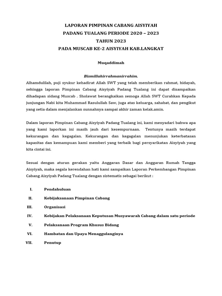 Laporan Pimpinan Cabang Aisyiyah 2023 | PDF