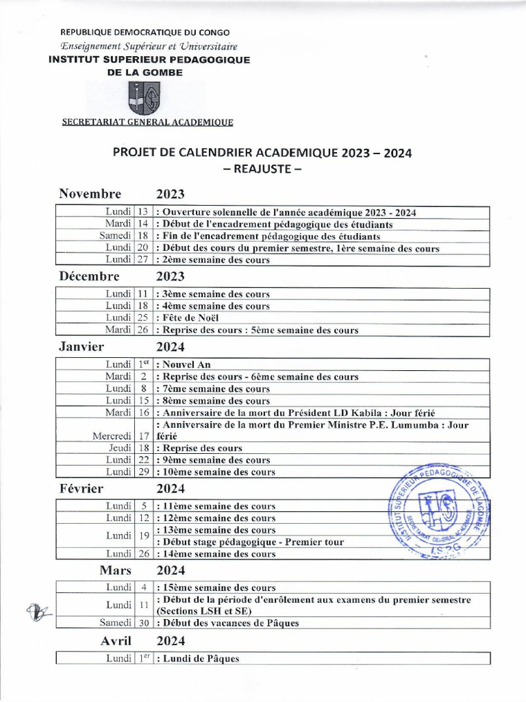 Calendrier Academique 2023 - 2024 Reajuste | PDF