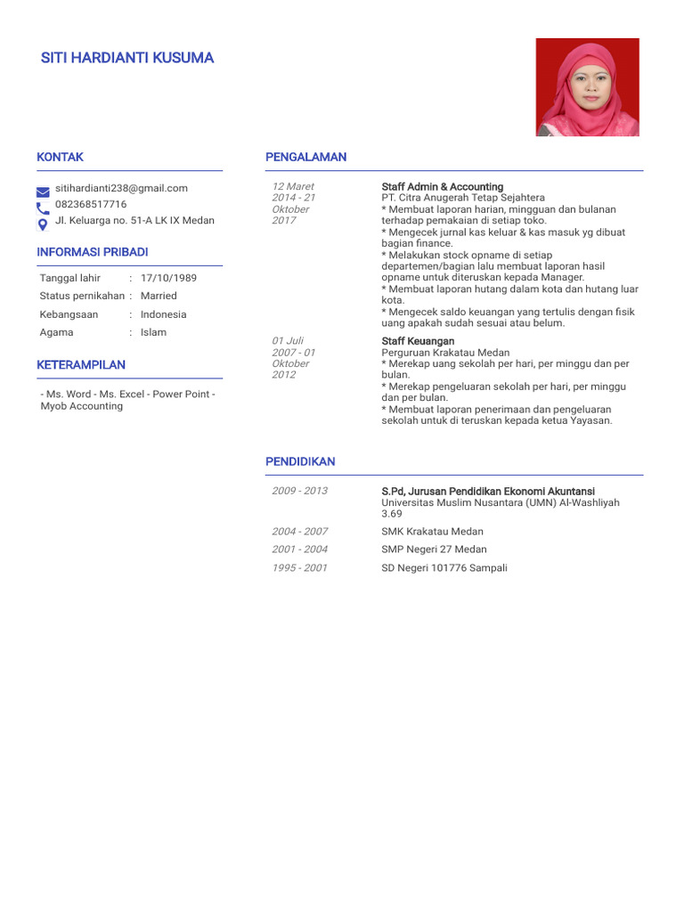 Profil Siti Hardianti: Admin & Akuntansi | PDF | Pengelolaan Keuangan & Uang