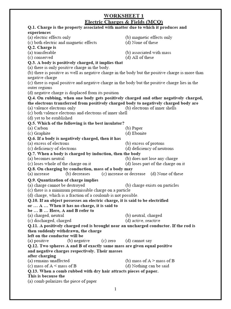 Worksheet 1-Mcq-Electric Charges and Fields | PDF | Electric Charge ...