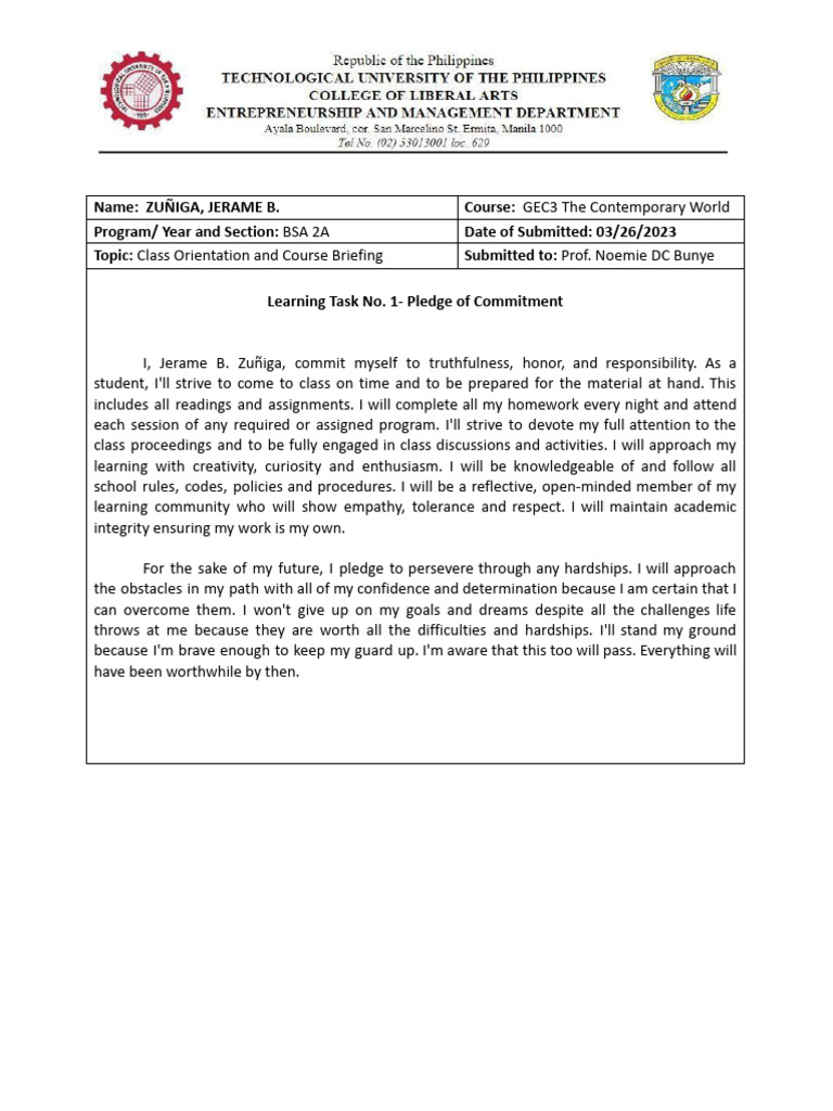 Commitment Pledge for BSA 2A Students | PDF