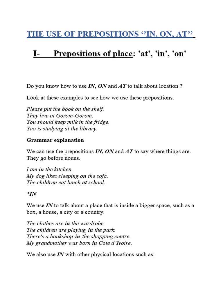 Understanding 'In', 'On', and 'At' Usage | PDF | English Language ...
