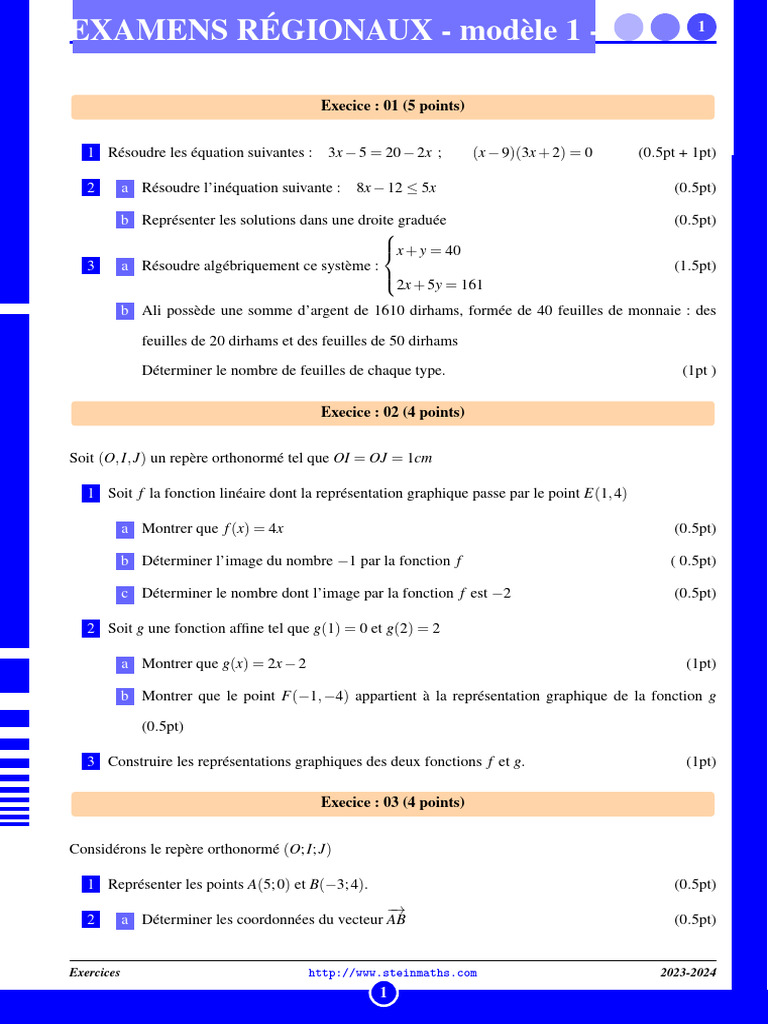 Examen Régional Math 3AC 2024 | PDF | Coordonnées cartésiennes | Cercle