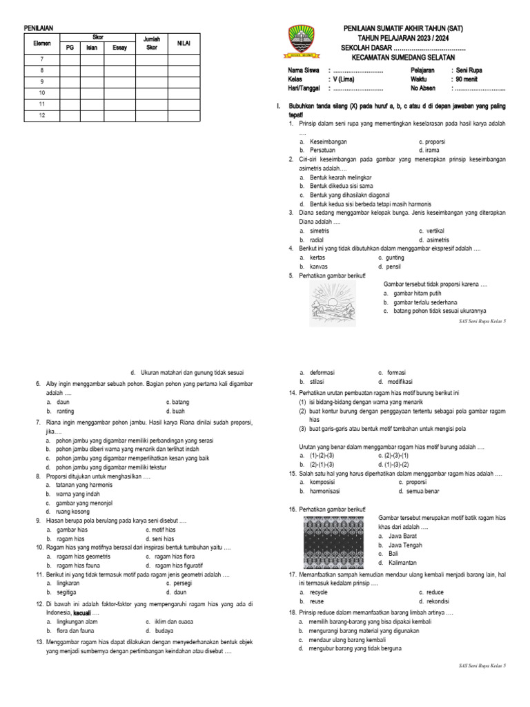 SOAL SAT Seni Rupa Fix Kelas 5 | PDF
