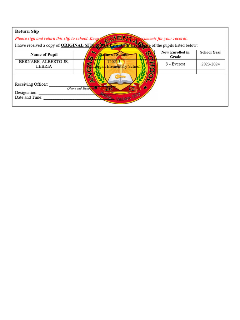 Return Slip SF10 2023-2024 | PDF