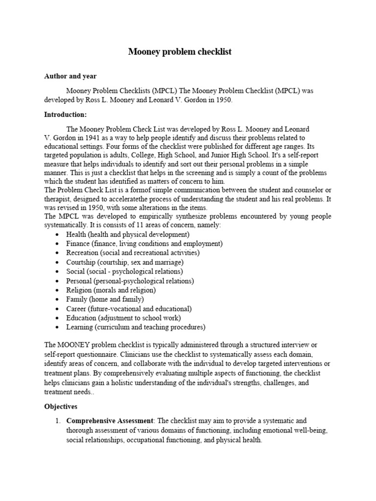 Mooney Problem Checklist | Download Free PDF | Self Report Study | Behavior