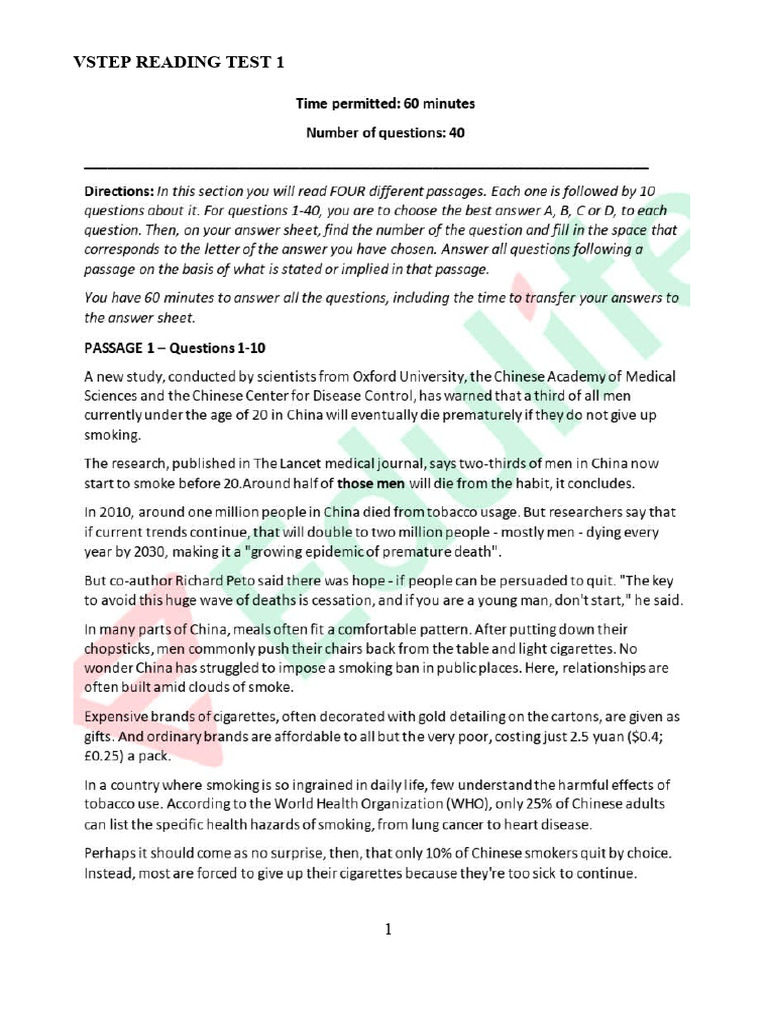 VSTEP READING TEST 1 - Key | PDF