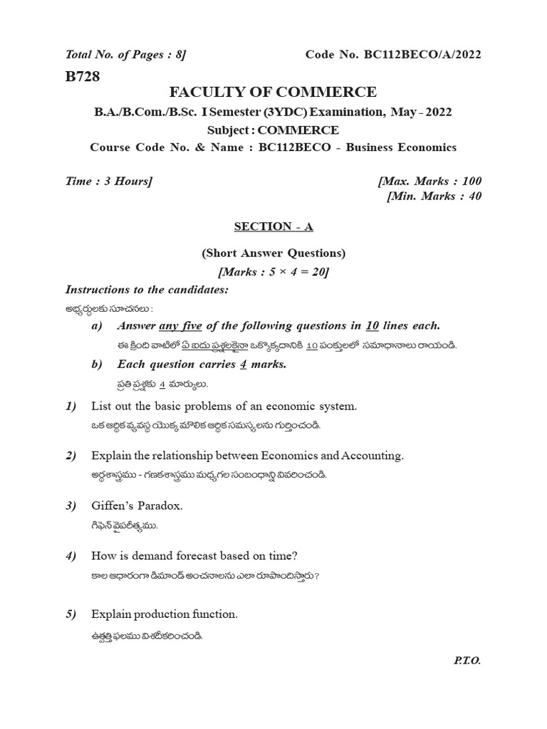 COMMERCE - Business Economics - Englis - Telugu - Medium | PDF | Monopoly | Economies