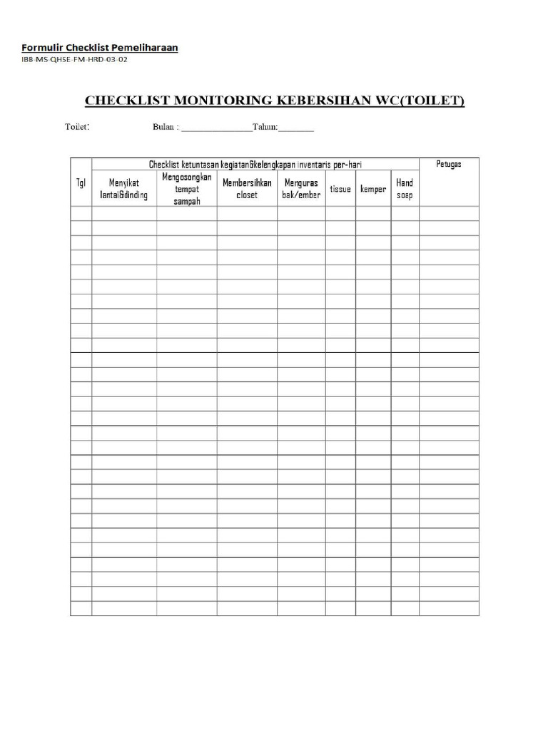 Checklist Monitoring Kebersihan Wc | PDF