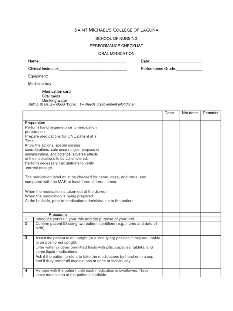 Oral Medication Administration Checklist | PDF | Tablet (Pharmacy ...
