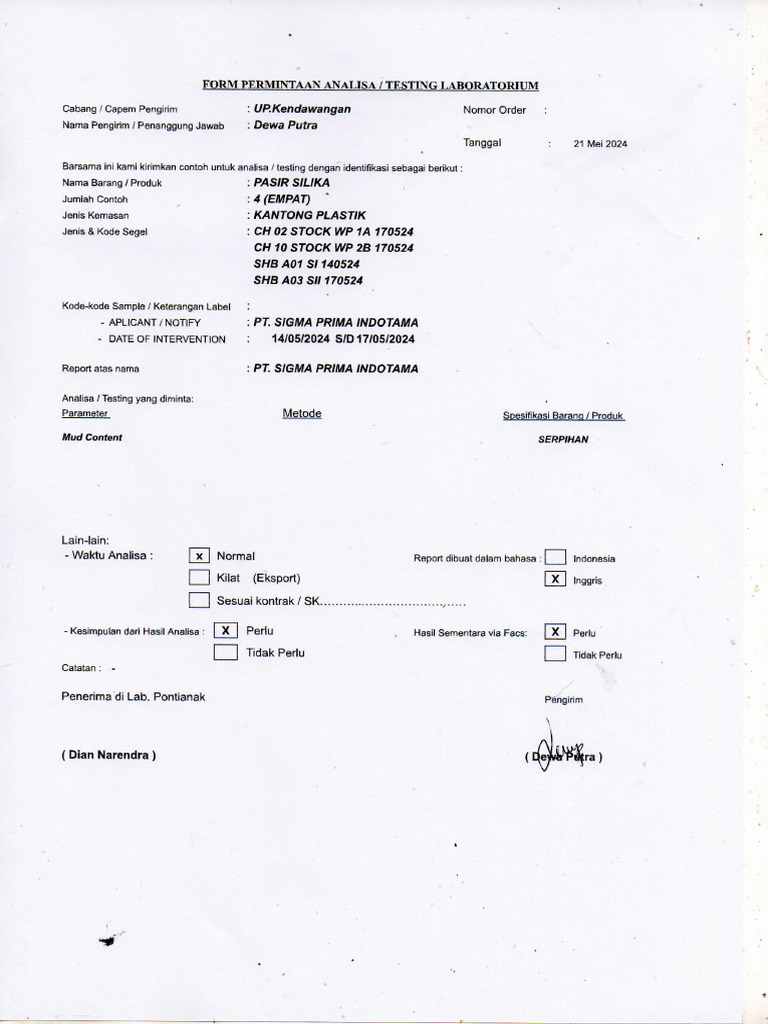 Form Permintaan Analisa Pasir Silika PT Spi | PDF