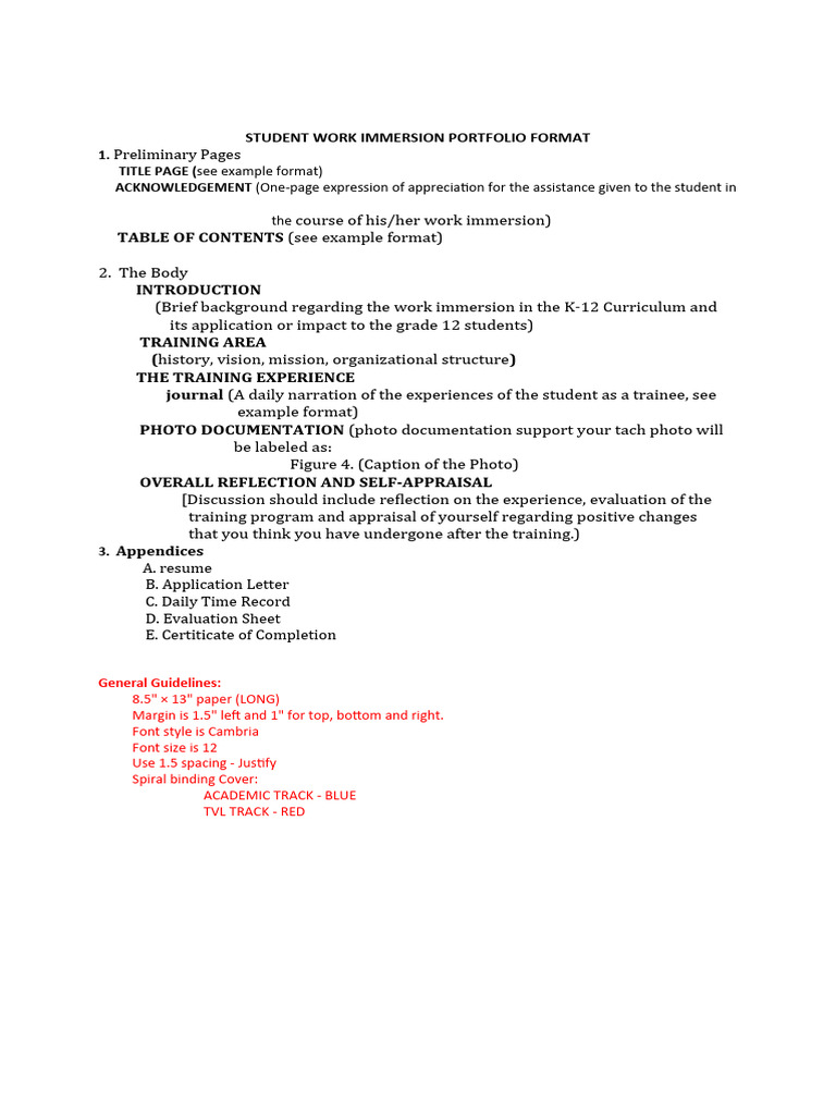 Student Work Immersion Portfolio Format | PDF