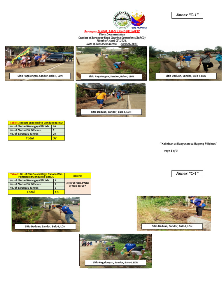 Annex C 1 - Photo Documentation - Barangay BaRCO Monthly Monitoring Report Template With BSKO ...
