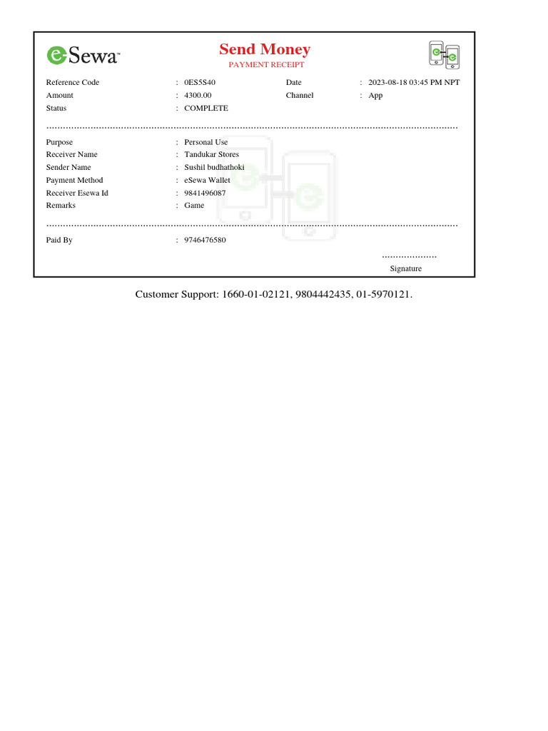 eSewa Payment Receipt: Tandukar Stores | PDF | Finance & Money Management