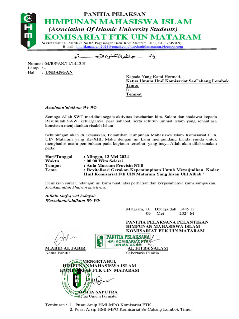 Undangan Pelantikan HMI FTK UIN Mataram | PDF