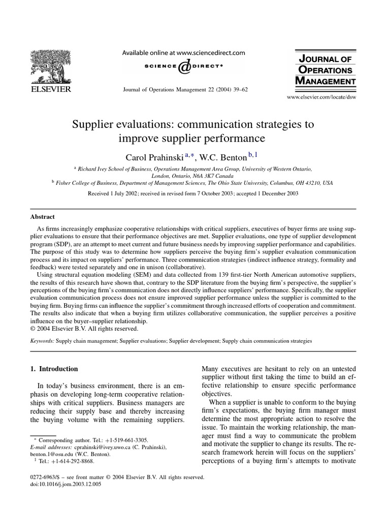 Supplier Evaluations - Communication Strategies Improve Supplier ...