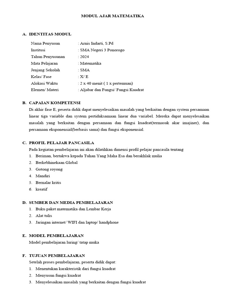 Modul Ajar Matematika Fungsi Kuadrat | PDF Modul Ajar Matematika Fungsi Kuadrat | PDF