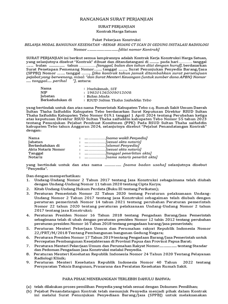 RANCANGAN KONTRAK REHAB RUANGAN CT SCAN - Ok TTD | PDF